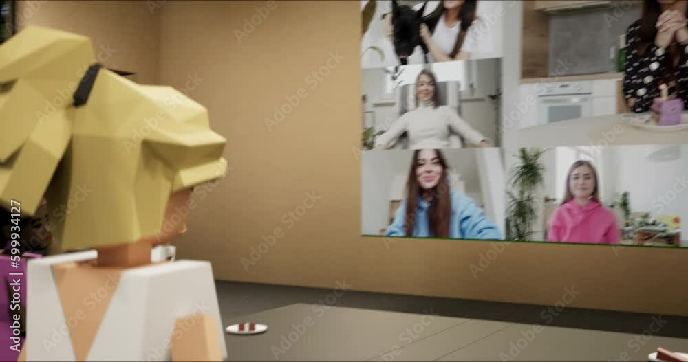 People communicate in metaverse. Office workers meet and talk in a ...