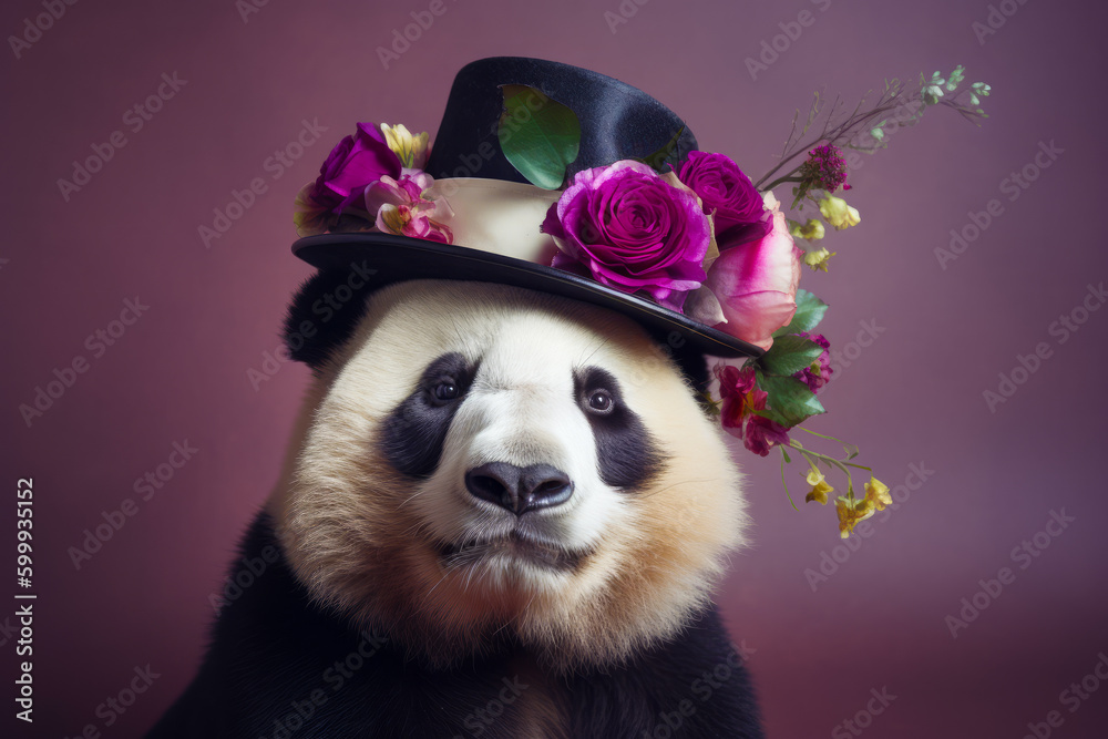 Stockillustratie Panda bear wearing top hat with flowers on it's head ...