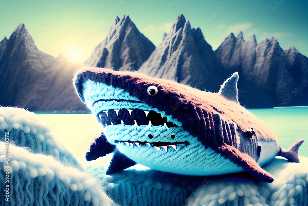Furious shark on top of a hill overlooking the alps created with ...