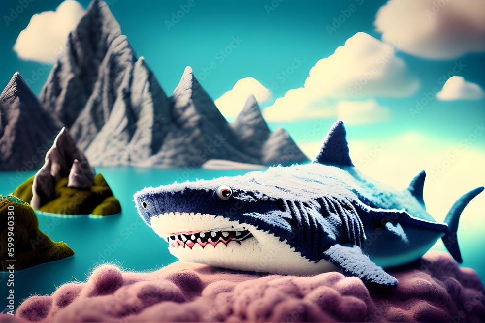 Furious shark on top of a hill overlooking the alps created with ...