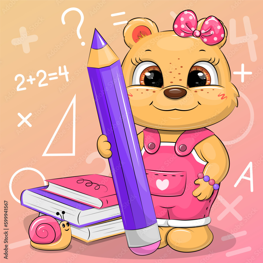 A cute cartoon teddy bear in a pink jumpsuit and hair bow is holding a ...