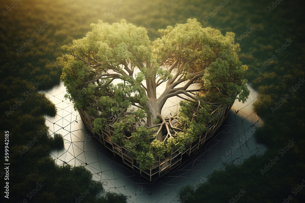heart made of trees on latest technology background. Love for healthy ...