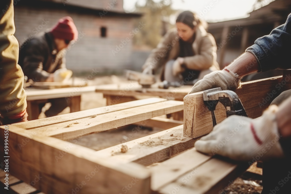 Group of young people build a structure for a wooden house together ...