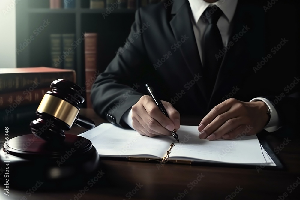 Judge with gavel sitting in courtroom, signing documents. Justice and ...