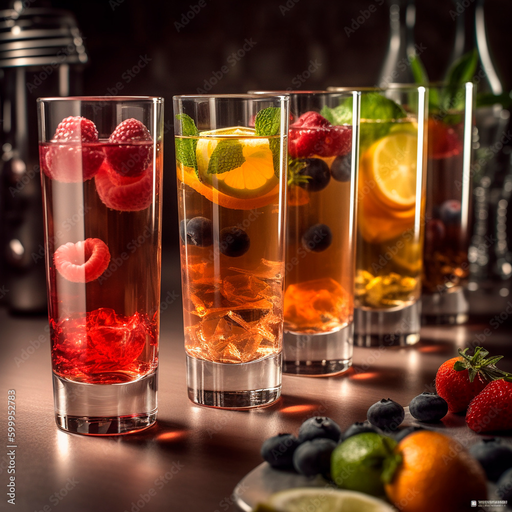glasses filled with fruit tea in long glass shape, misty with ice ...
