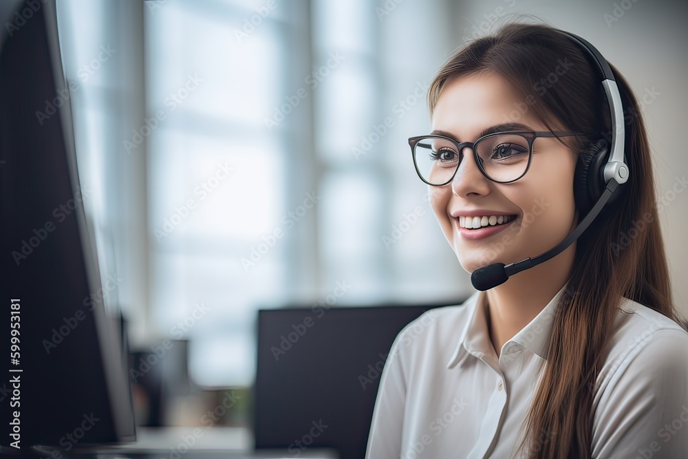 Attractive business woman Asian in suits and headsets are smiling while ...