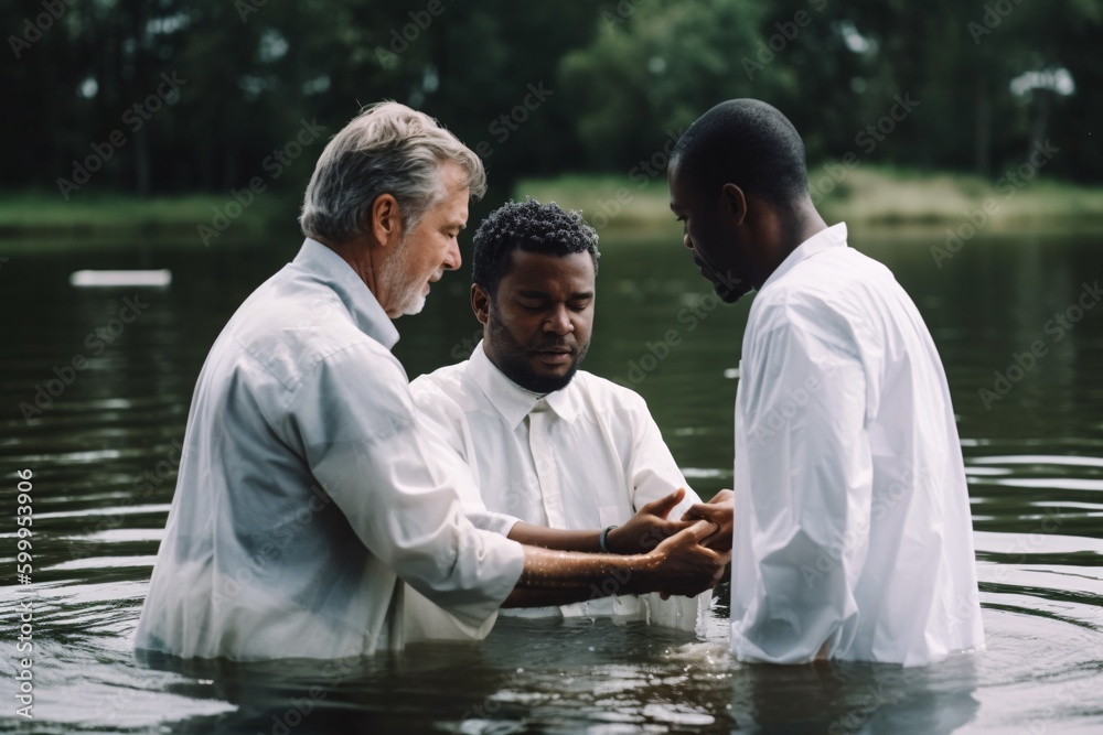 Two pastors baptize a man in the name of Christ. Baptism religion ...