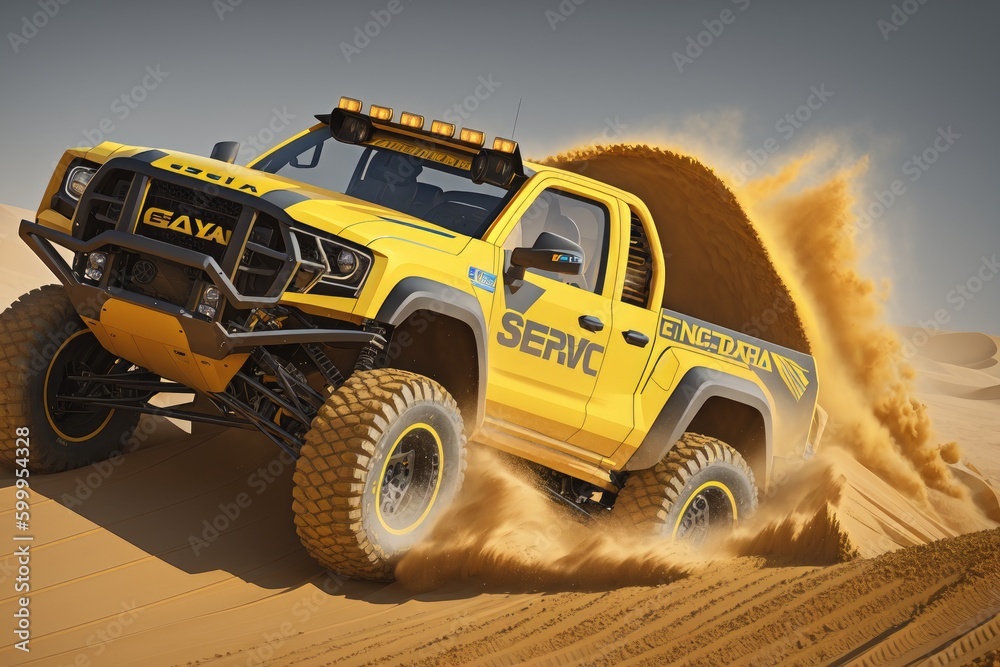 Offroad vehicle in sand dunes in the desert. Yellow rally car with ...