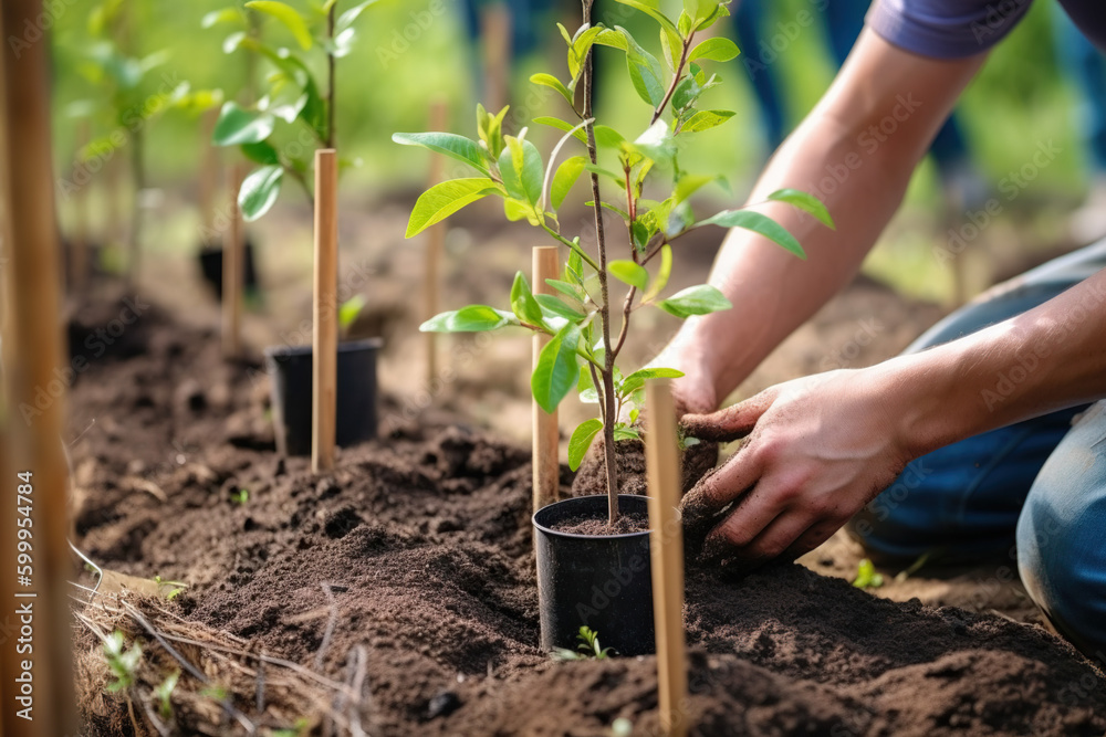 Person planting trees in a community garden - Generative ai Stock ...