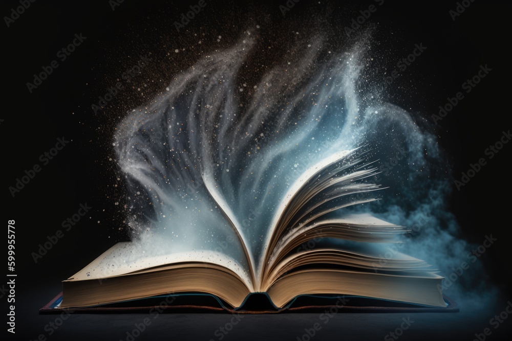 ภาพประกอบสต็อก Open book with magical dust floating over it. Magical ...