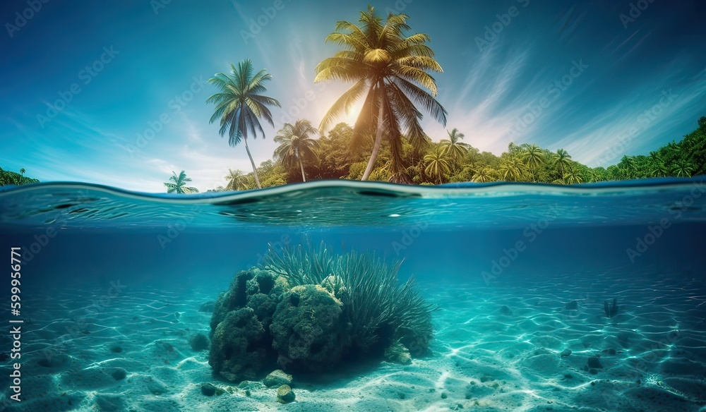 Tropical Island And Coral Reef - Split View With Waterline. Beautiful ...