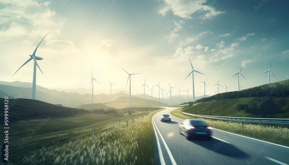 Electric car drive on the wind turbines background. Car drives along a ...