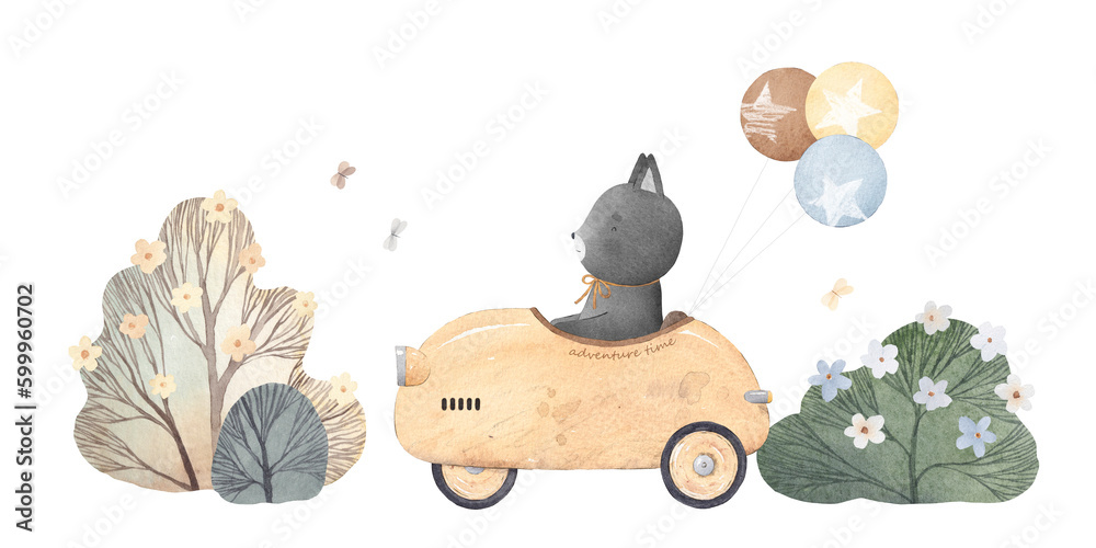 Cute cat driving a car. Watercolor hand drawn illustration. White ...