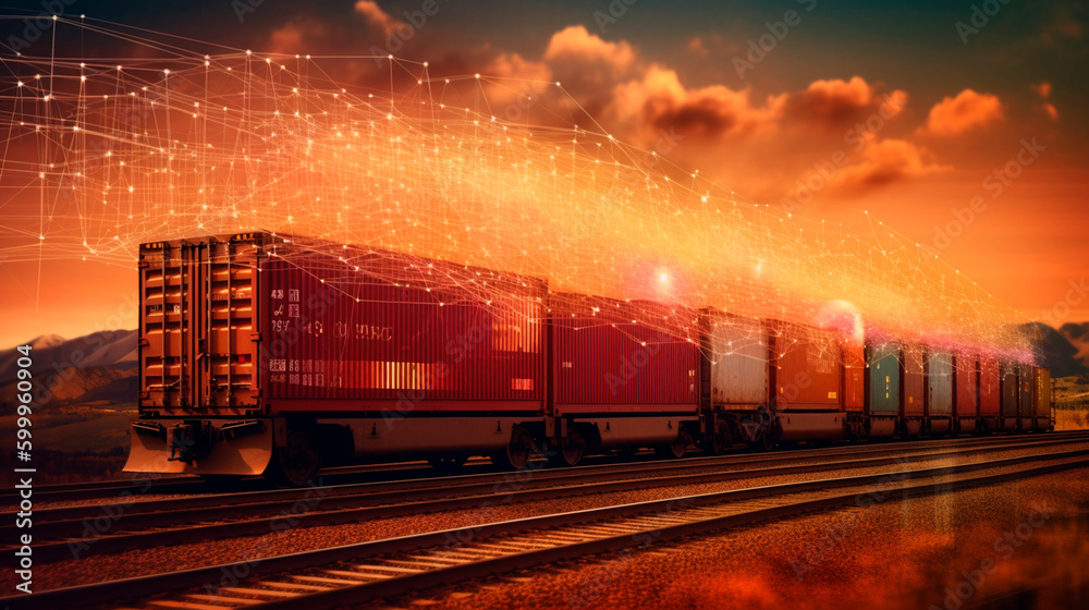 Cargo train on a background of analytics data represents the ...