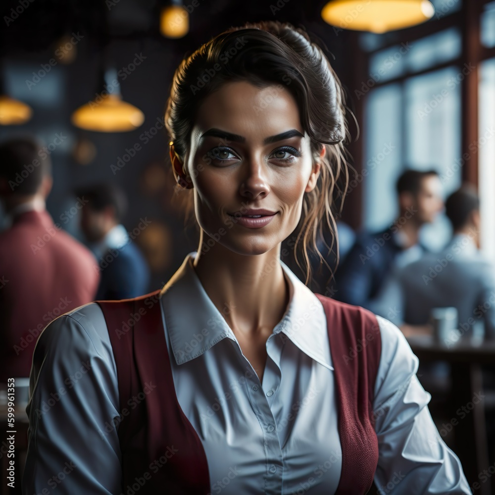 Waitress in a modern cafe shop at working time with lamps and people in ...
