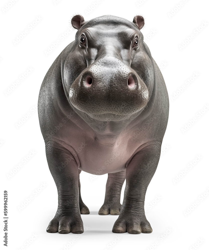 full body shot of a fat funny hippo / hippopotamus looking straight at ...
