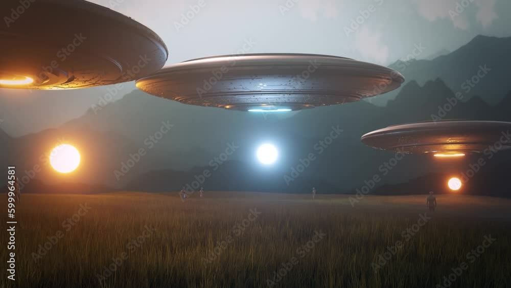 3 Alien UFOs Spaceships in a Grass Field - Loop Scifi Abstract ...