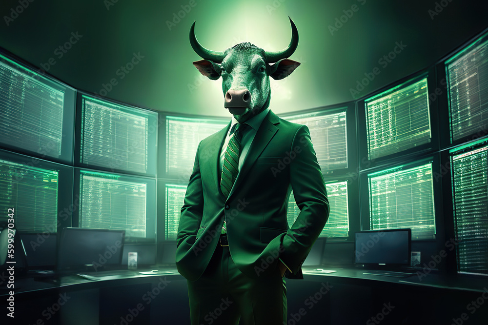 Bull market. Bull in suit with green charts on monitors in Wall Street ...