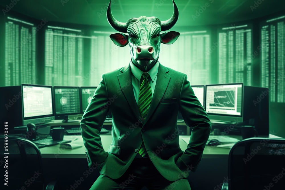 Bull market. Bull in suit with green charts on monitors in Wall Street ...