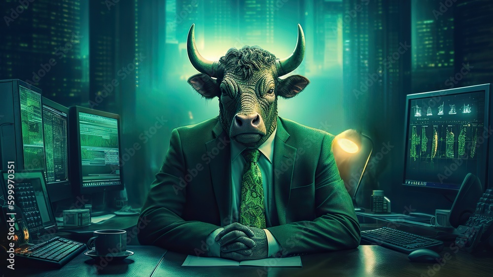 Bull market. Bull in suit with green charts on monitors in Wall Street ...
