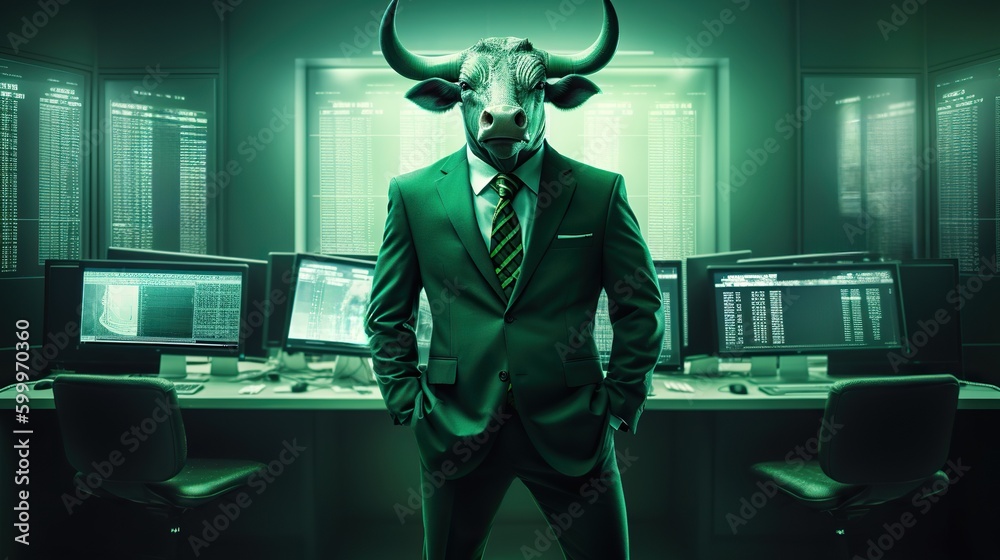 Bull market. Bull in suit with green charts on monitors in Wall Street ...
