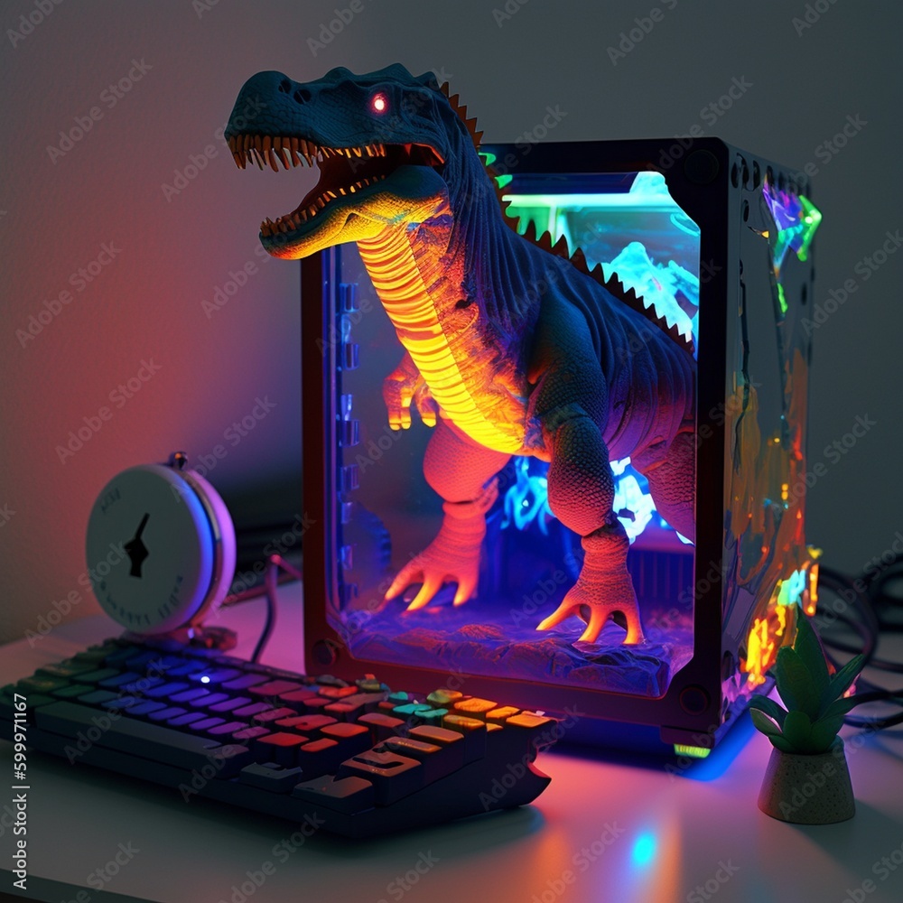 AI Generated Photo of Dinosaurs are crawling out of the computer CPU ...