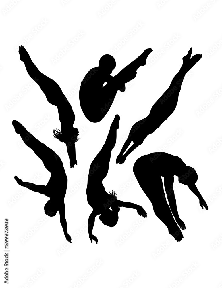 Male and female athlete acrobat jumping, swimming, snorkeling and ...