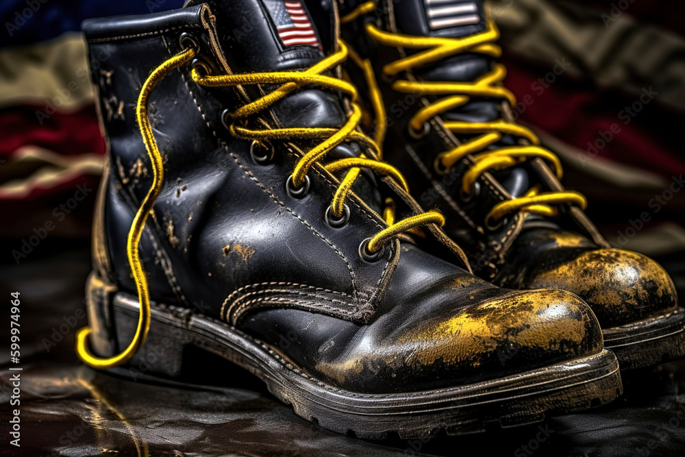 Pair of worn combat boots adorned with yellow ribbons, symbolizing the ...