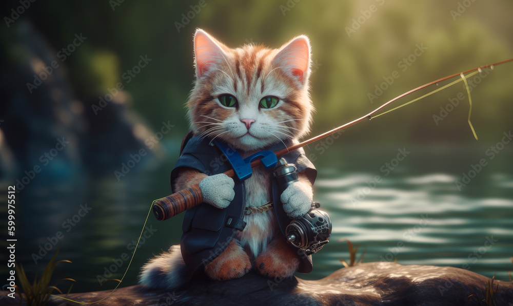 Lovely red cat wearing a vest holding a fishing rod. Fluffy feline ...