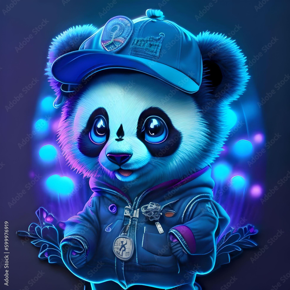 ภาพประกอบสต็อก Panda Rapero con Gorra y fondo azul creado con IA ...