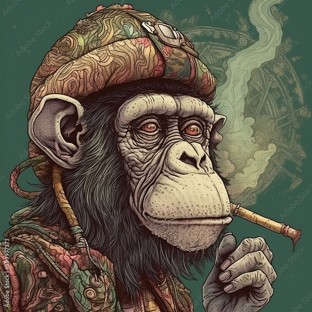 Monkey with marijuana joint, smoked monkey in pop cartoon style. Smoky ...