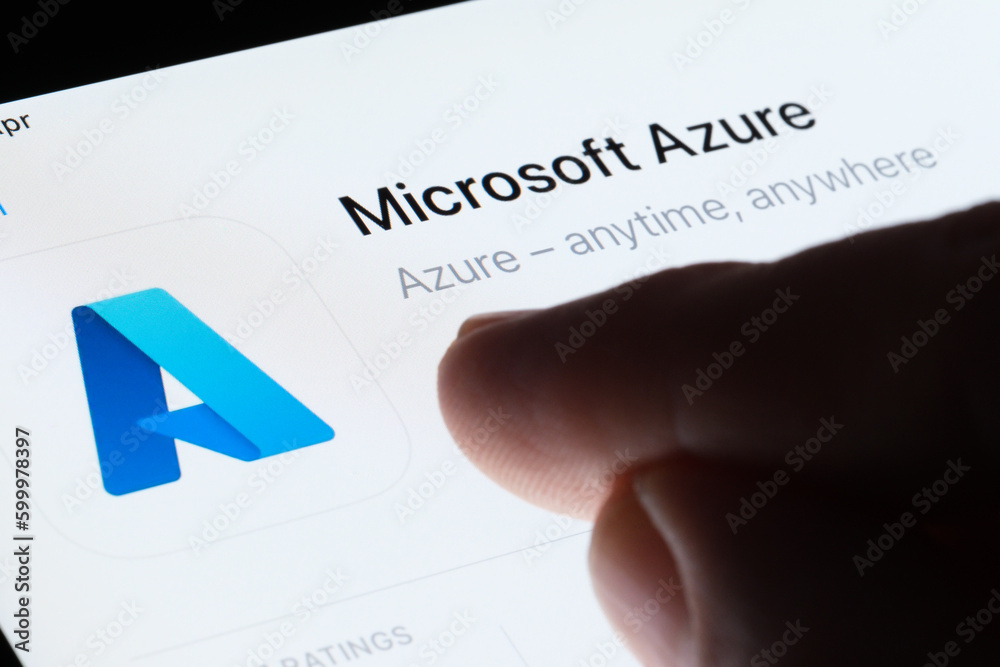 Microsoft Azure app seen in App Store on the screen of ipad and blurred ...