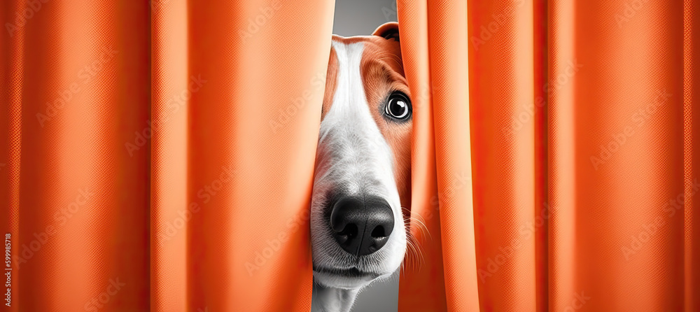 dog peeking from behind orange curtain, ai generated Stock Illustration ...