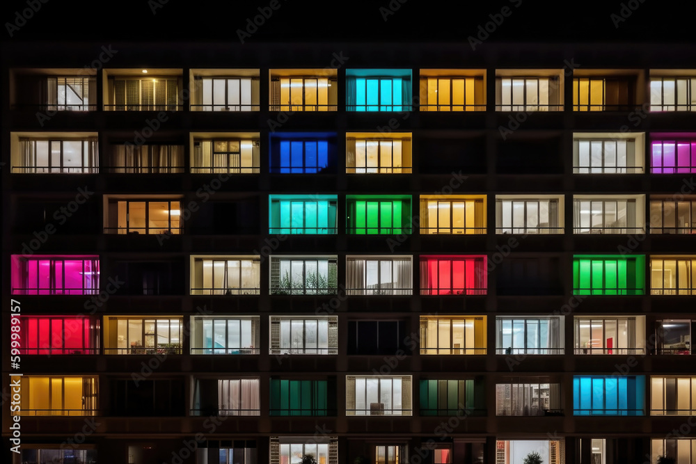 Bright colorful windows pattern at night. Front view facade of ...