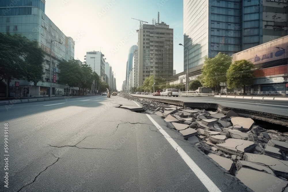 City street with destructed asphalt road after disaster. Damaged urban ...