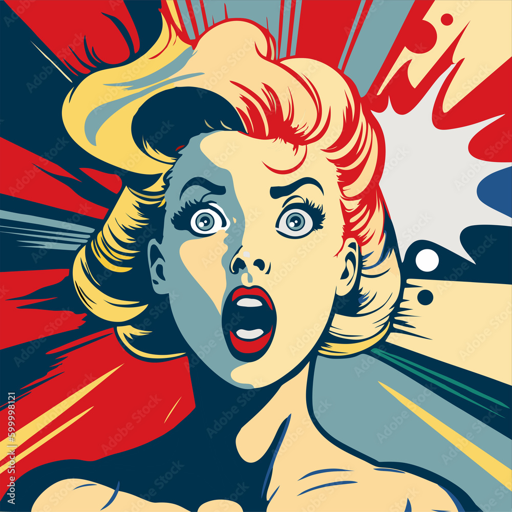 Vintage style pop art. Surprised and excited the girl who says wow ...