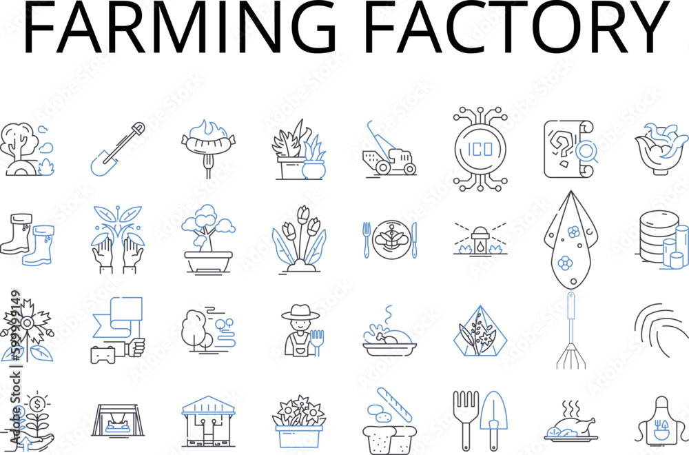 Farming factory line icons collection. Automobile plant, Meat factory ...