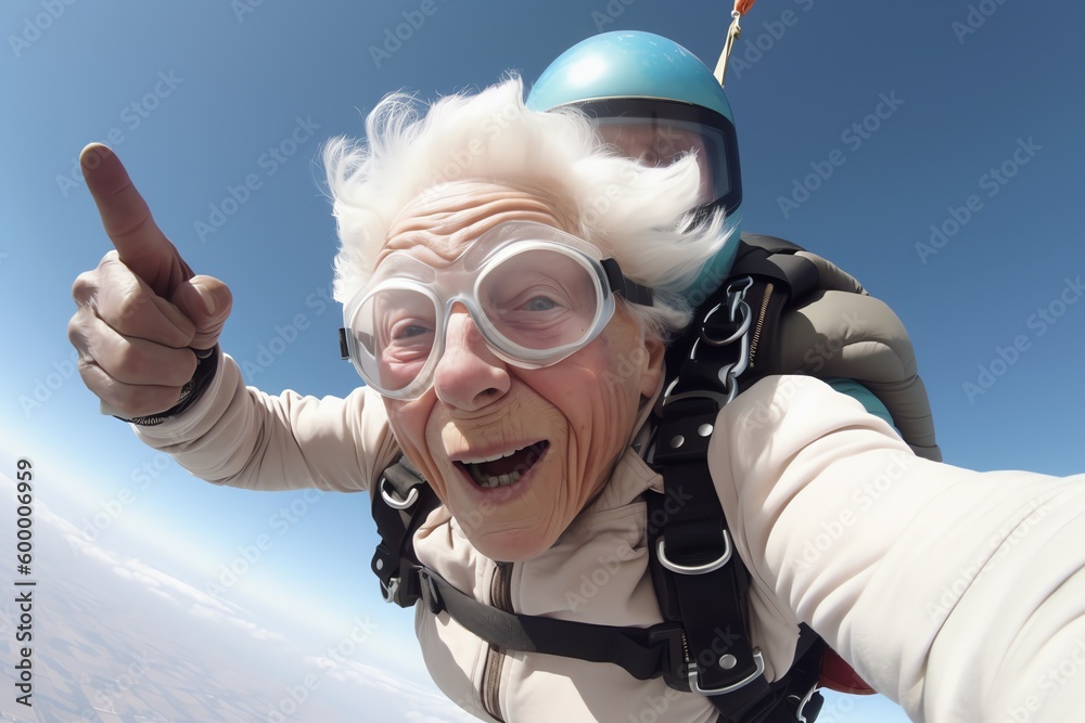 funny grandmother elderly woman skydiving in the sky, enjoy life Stock ...