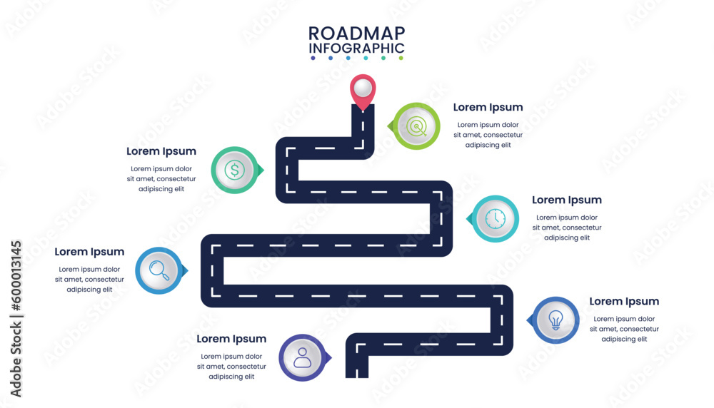 Business roadmap infographic design template with icons, six steps or ...