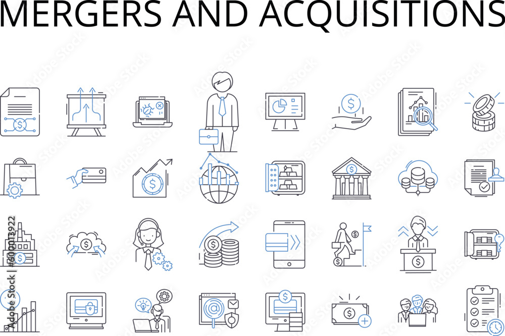 Mergers and acquisitions line icons collection. Consolidation ...