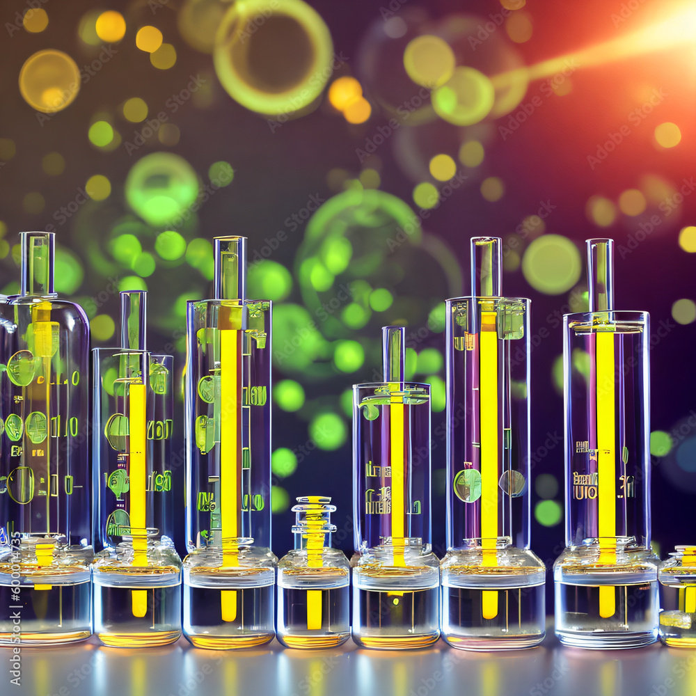 Various liquids in scientific tubes in a laboratory environment ...