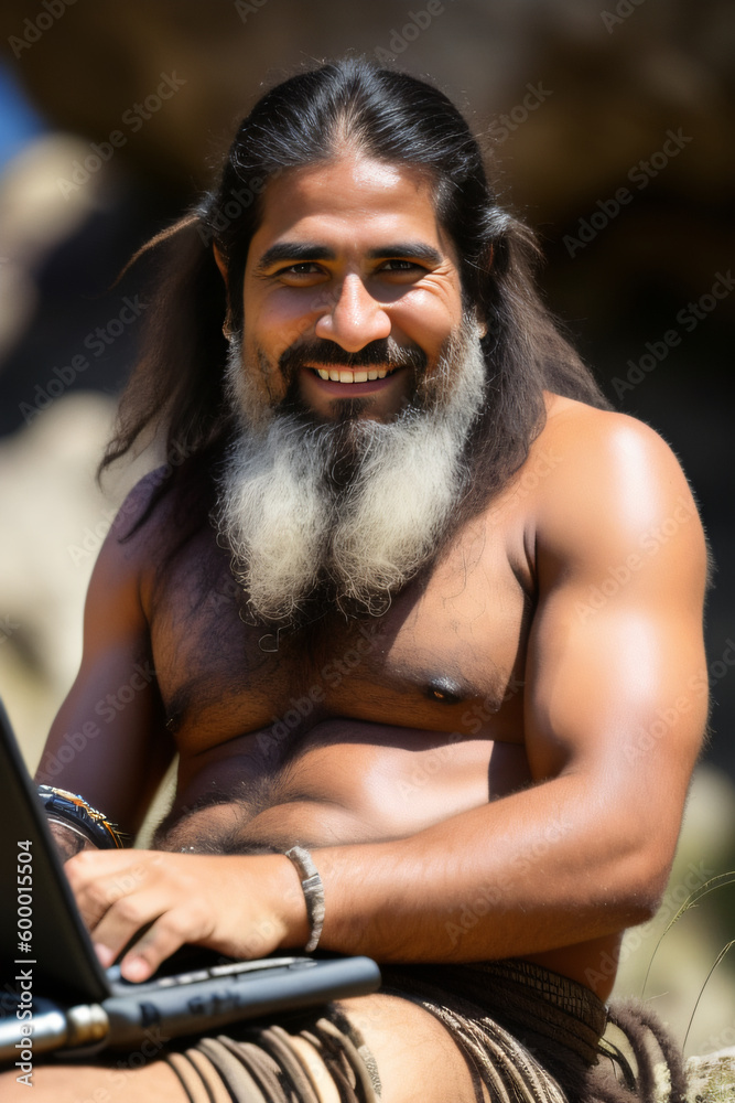 ภาพประกอบสต็อก Stone age caveman working on modern laptop, juxtaposing ...