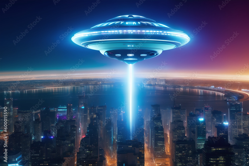 Flying saucer over cityscape, alien craft in the night sky, epic sci-fi ...
