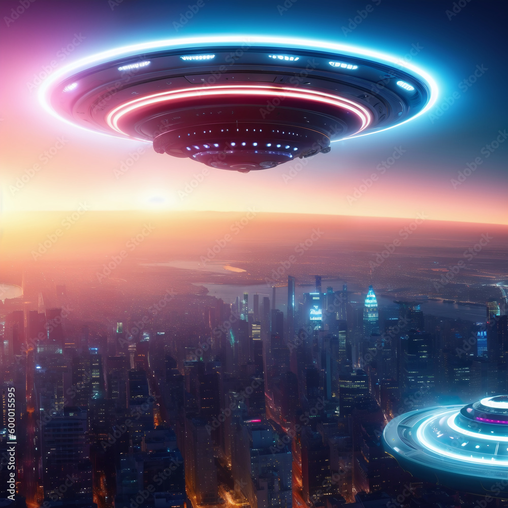 Futuristic image of UFO over night city, epic science fiction scene ...