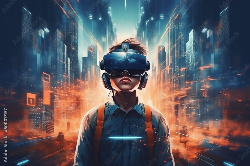 vr headset, double exposure, metaverse, futuristic virtual world, state ...