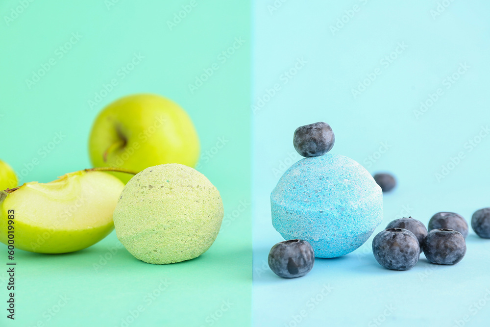 Bath bomb with apple and blueberry on colorful background Stock 写真 ...