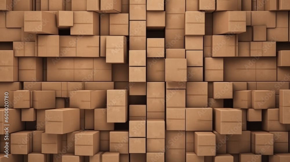A towering stack of brown cardboard boxes, creating a wall-like ...