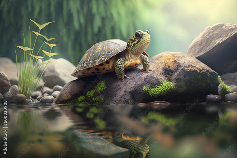 Cute 3d Cartoon Turtle Sitting on a Rock next to a Pon Stock ...