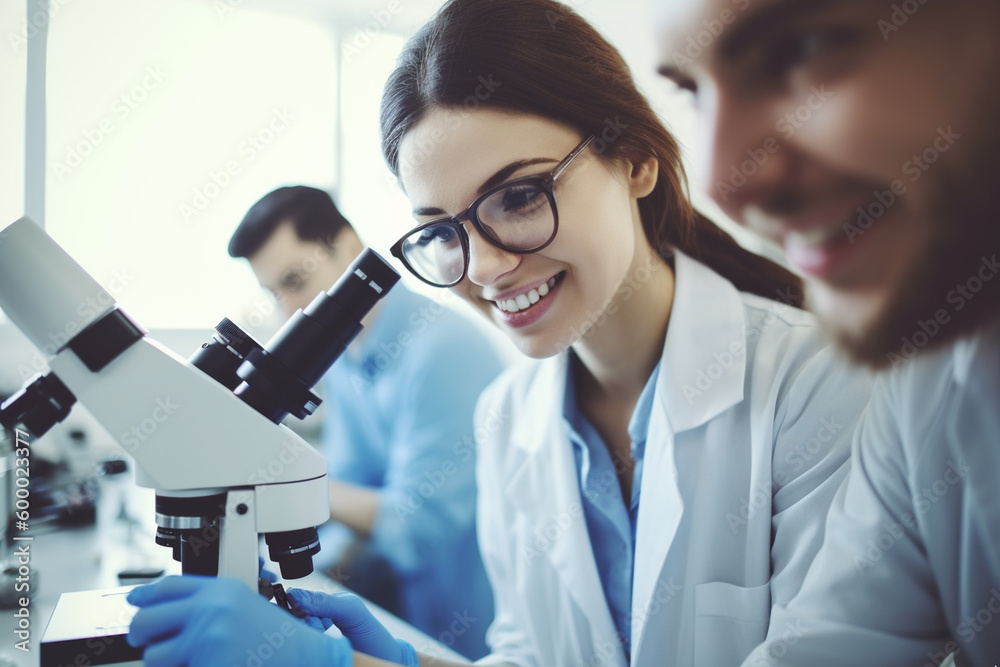 Young female scientist looking through a microscope in a laboratory ...