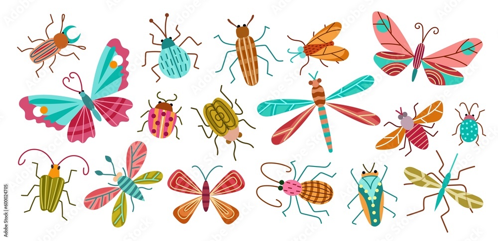 Cartoon decorative insects. cute funny beetles, butterflies, mosquitoes ...